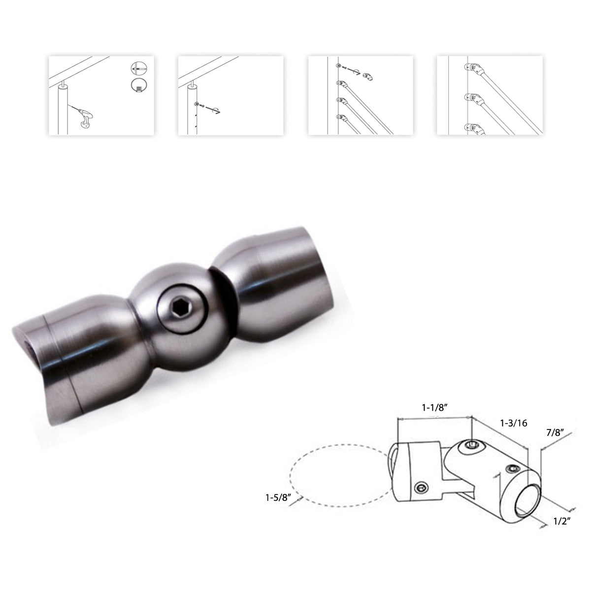 E0074 Pivotable Round Bar Connector for Round Newel Post - Stainless ...