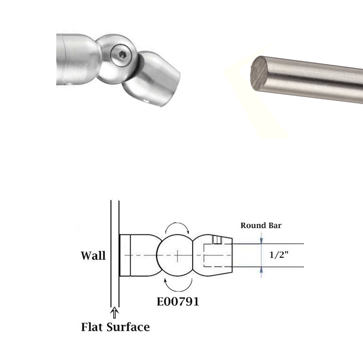 E00791 Pivotable Round Bar Connector For Flat Surface - Stainless Stair ...